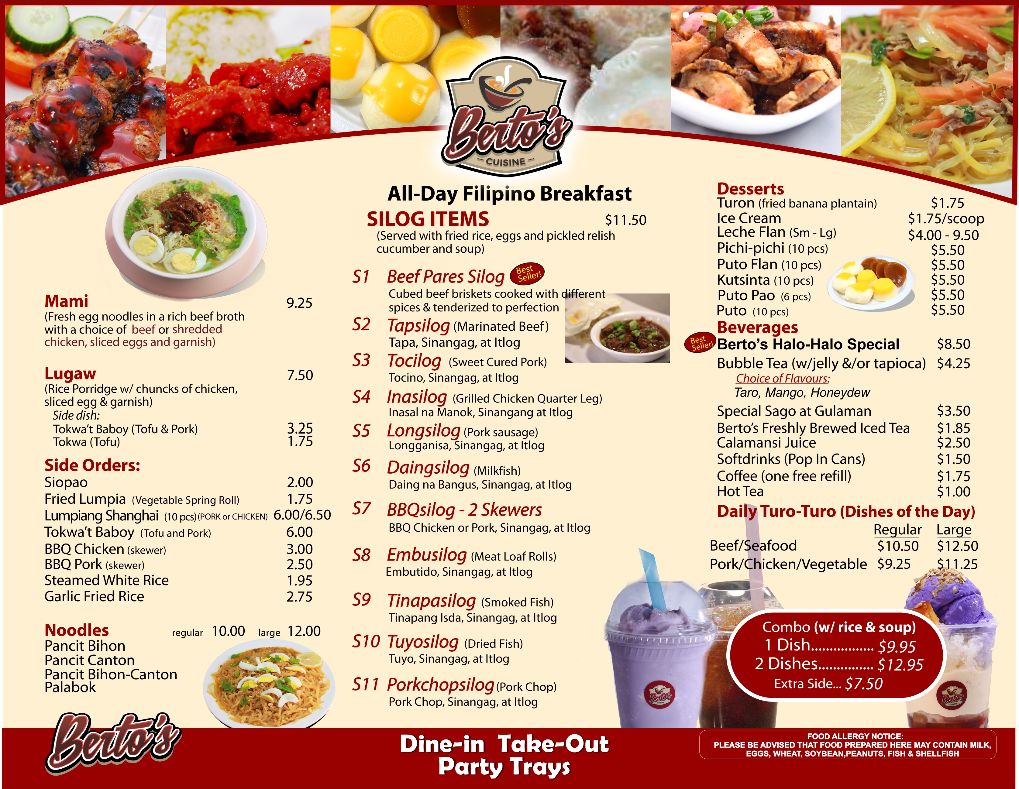 Menu List | Bertos Cuisine