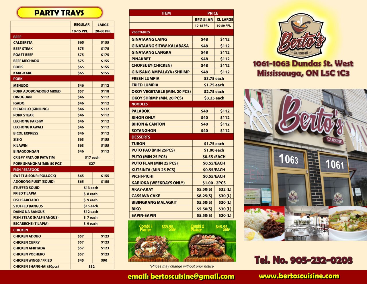 Menu List | Bertos Cuisine